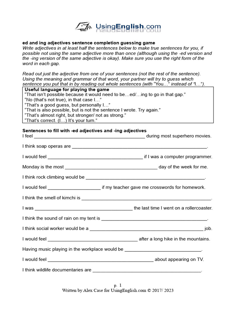 Adjectives Ing Ed Sentence Completion Guessing Game | PDF | Linguistics