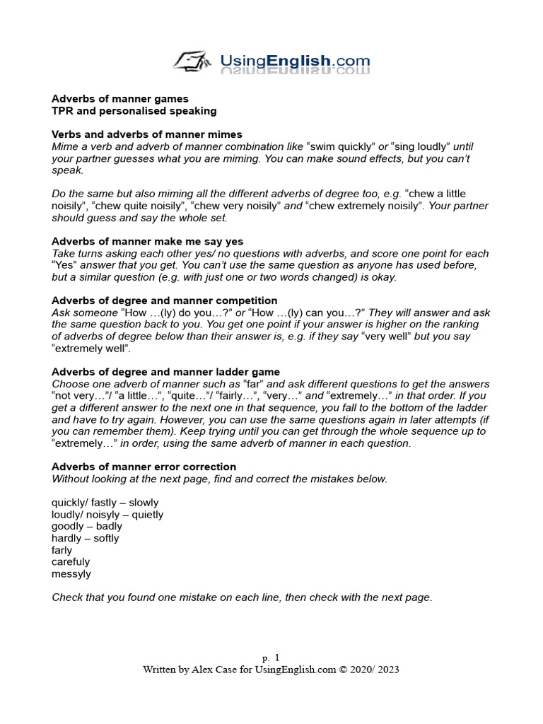 Adverbs of Manner Games | Download Free PDF | Adverb | Language Mechanics