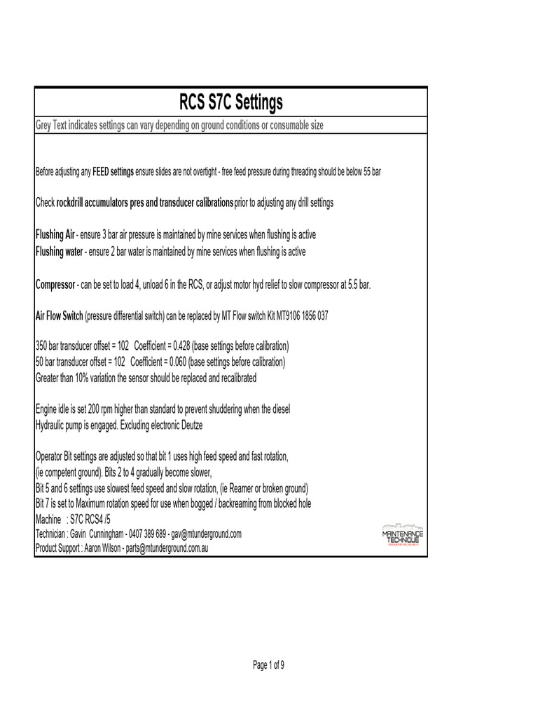 MT181118 S7C Simba Production Drill Settings | PDF | Drilling | Pump