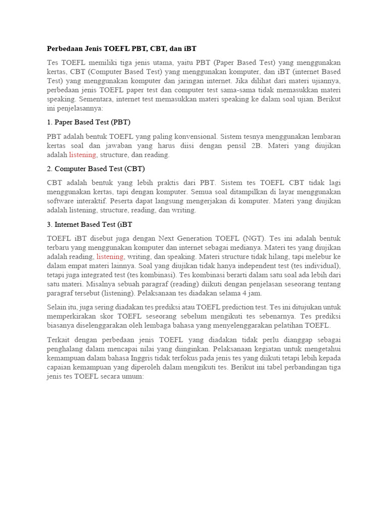Perbandingan Jenis Tes TOEFL | PDF
