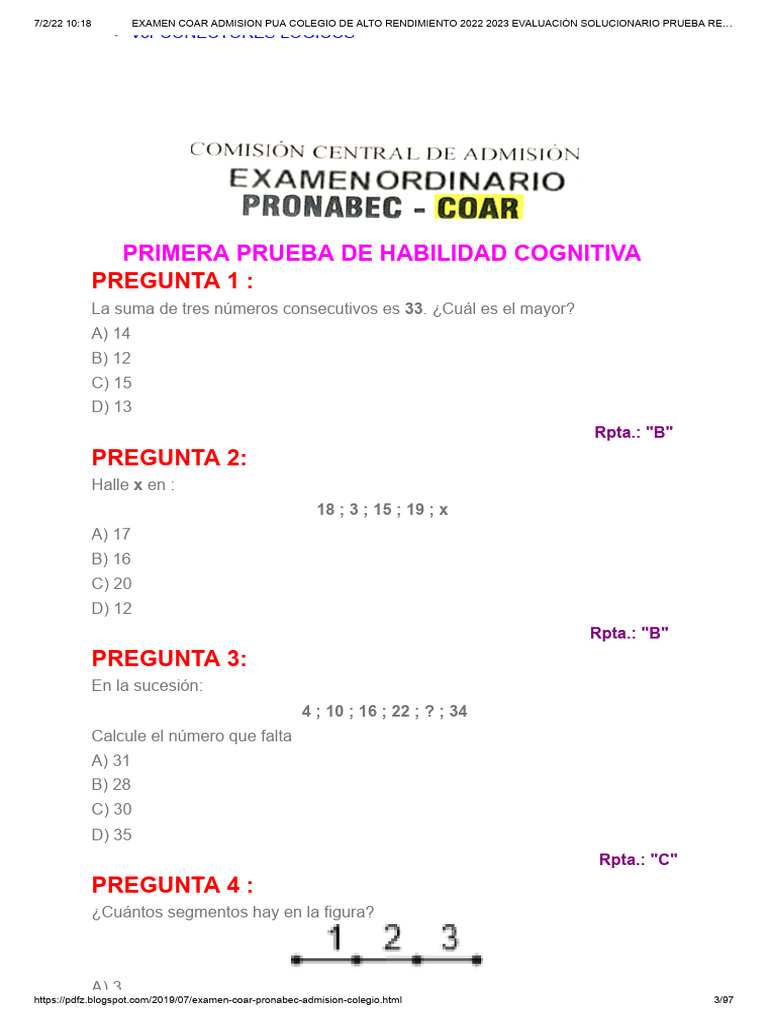EXAMEN COAR ADMISION PUA COLEGIO DE ALTO RENDIMIENTO 2022 2023 ...