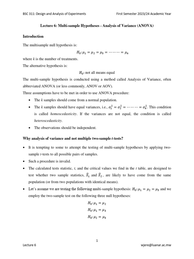Lecture 6 Multiple Hypotheses One Way ANOVA | PDF | Analysis Of Variance | Errors And Residuals