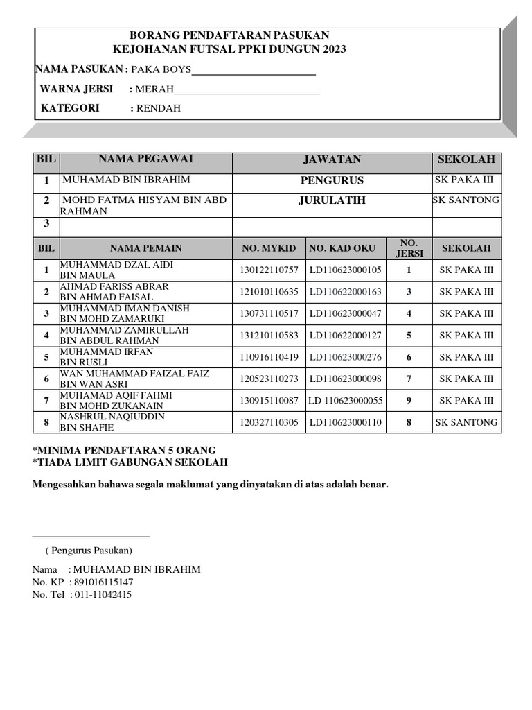 Borang Pendaftaran Pemain Futsal | PDF