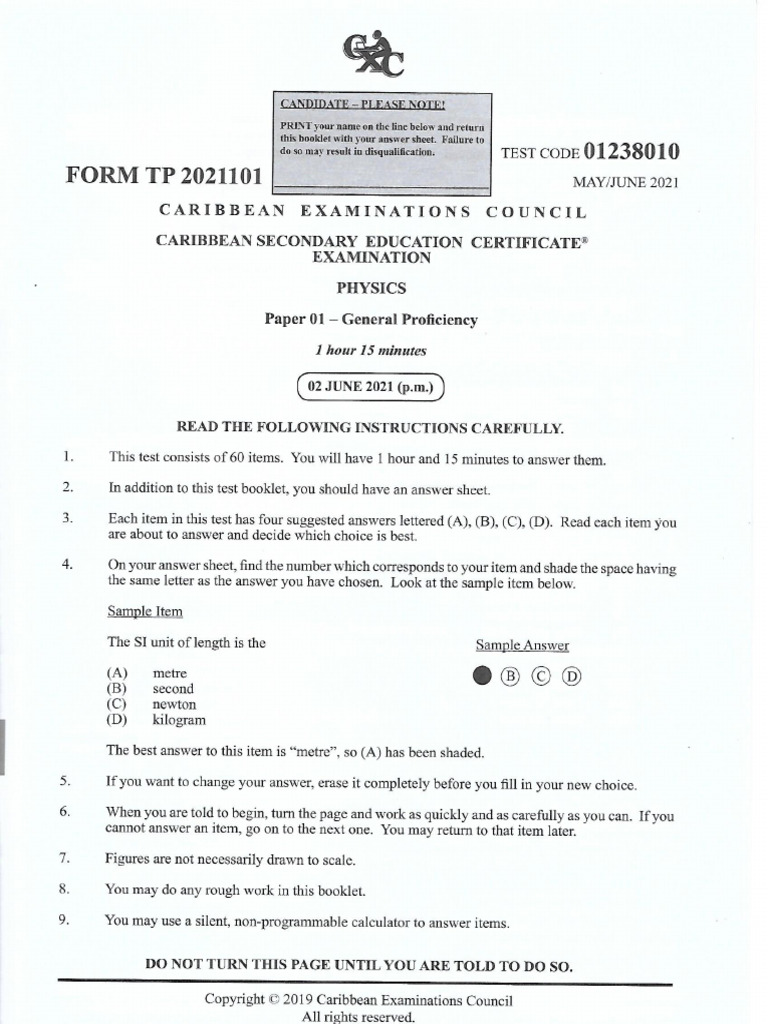 CSEC Physics 2021 - Paper 1 | PDF