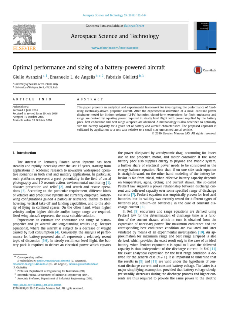 2016 - Optimal Performance and Sizing of A Battery-Powered Aircraft ...