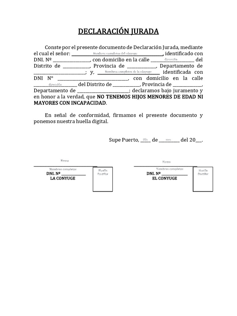 Formato de Declaración Jurada de No Tener Hijos Menores de Edad Ni Mayores Con Incapacidad ...