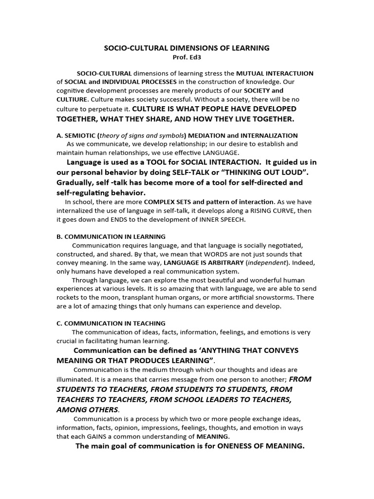 Socio Cultural Dimensions in Learning Pfof - Ed3 | Download Free PDF ...