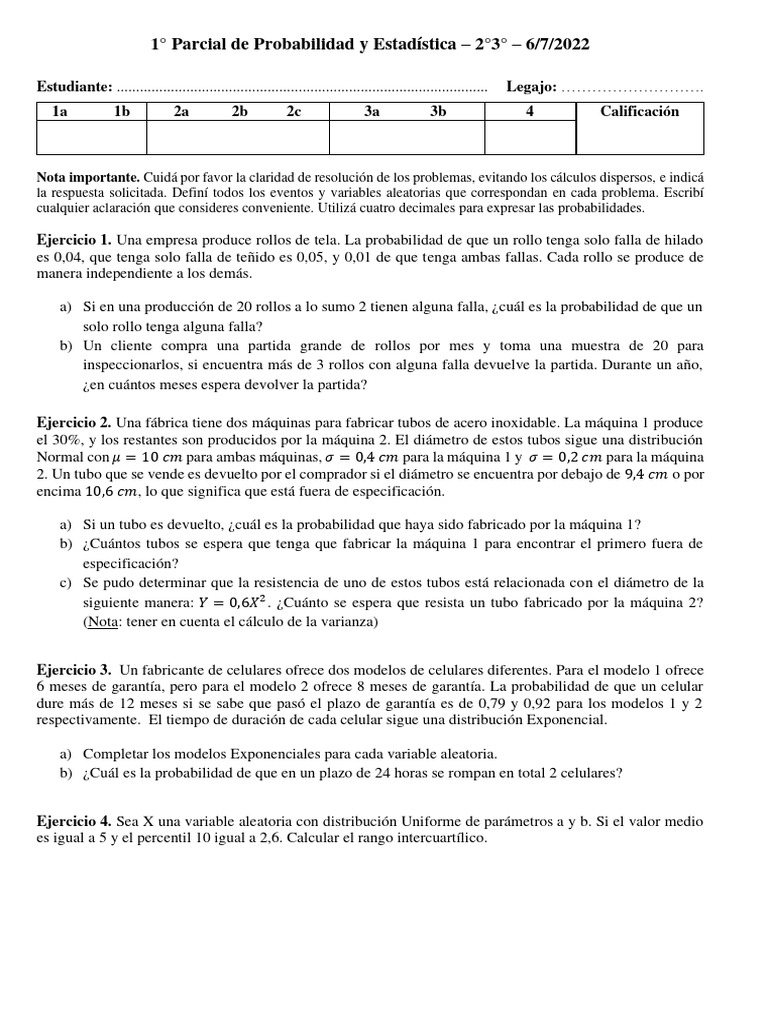 Modelo Parcial - Probabilidad y Estadística UTN FRH | PDF | Variable ...