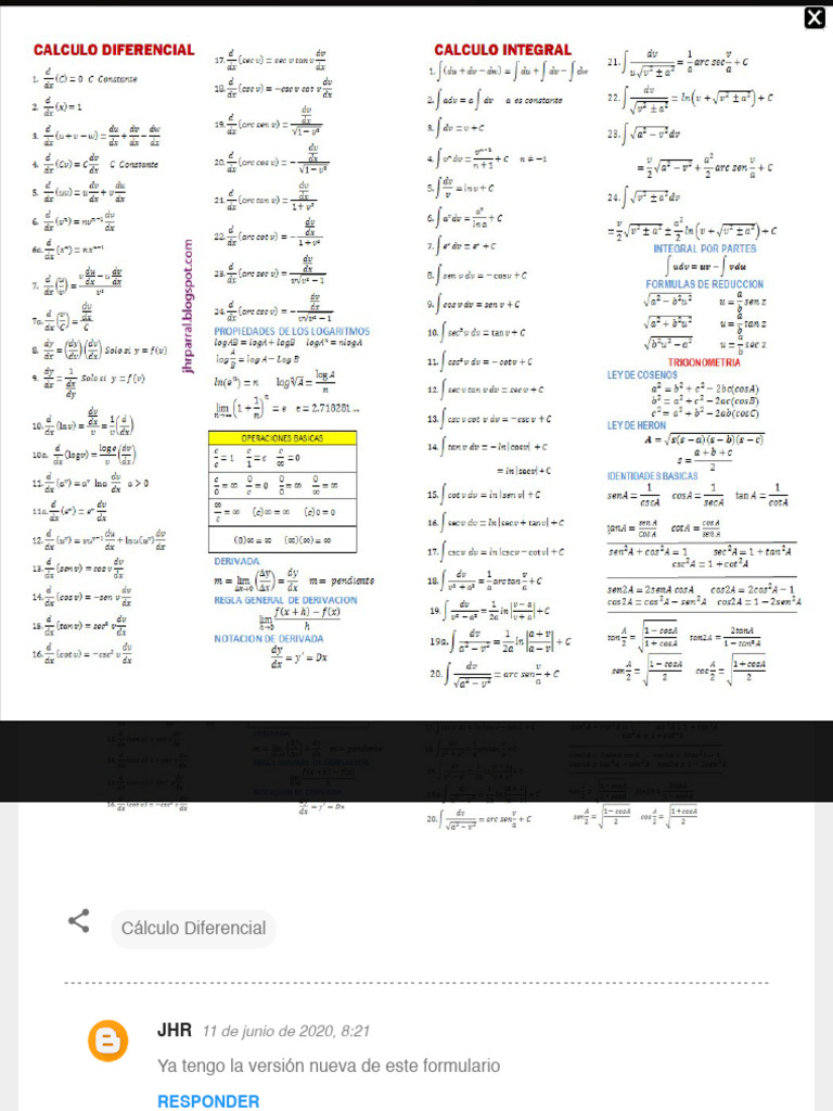Formulario de Cálculo Diferencial e Integral | PDF