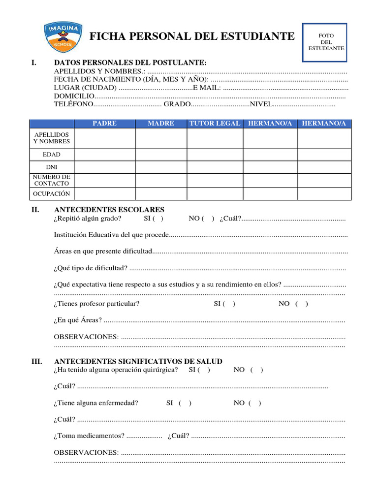 FICHA Matricula IMAGINA SCHOOL 2023 | PDF