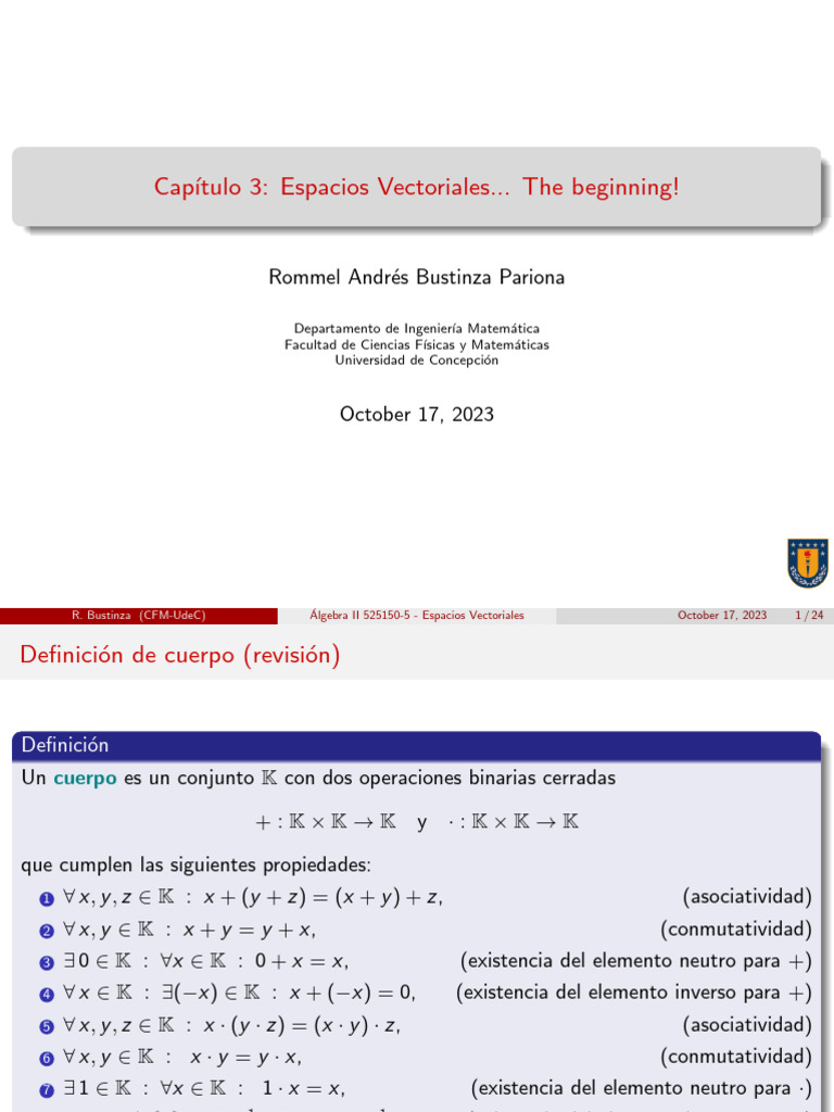 Cap3 - EspaciosVectoriales 525150 5 2023 2 Revisado | PDF | Base (álgebra lineal) | Espacio ...