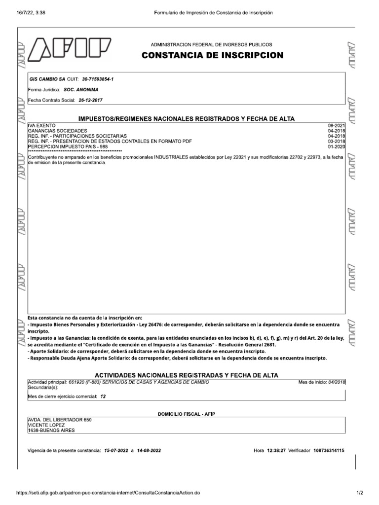 Constancia AFIP 22 | PDF