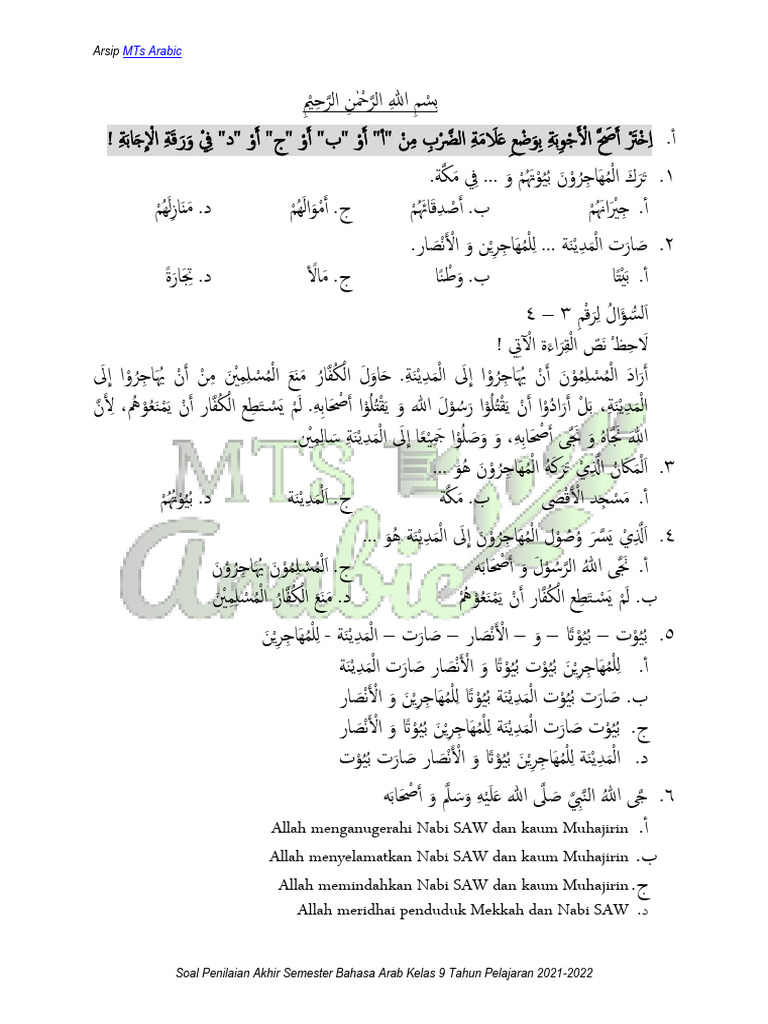 Soal Penilaian Akhir Semester Bahasa Arab MTs Kelas 9 TP 2021-2022 - MTs Arabic | PDF