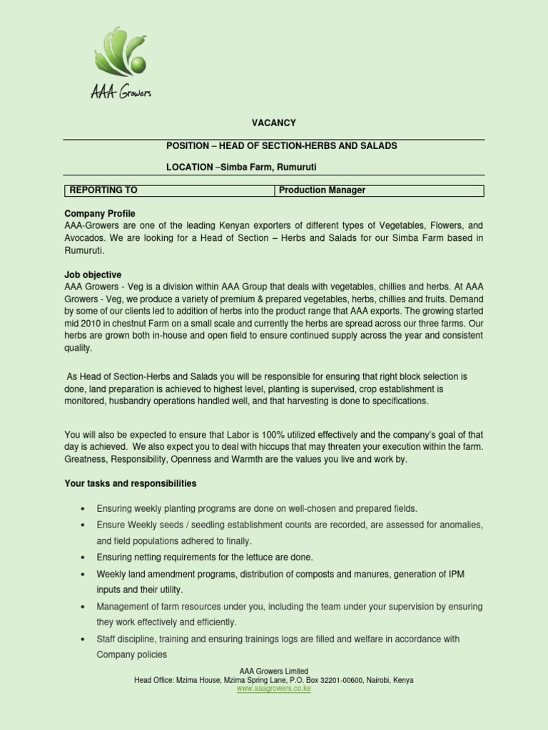 Vacancy - Head of Section - Herbs and Salads - Simba | PDF | Vegetables ...
