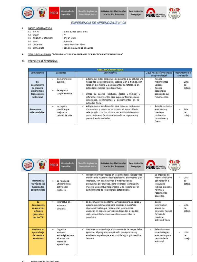 Experiencia de Aprendizaje #08-Iv | PDF | Aprendizaje | Evaluación