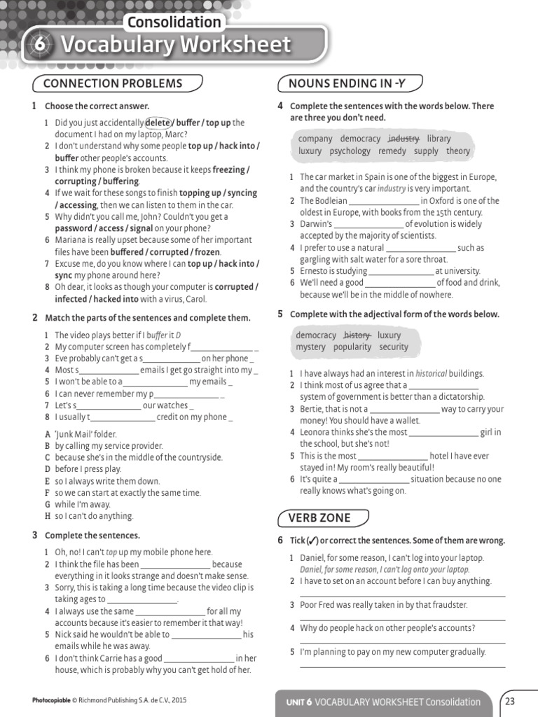 Achievers B2 Vocabulary Worksheet Consolidation Unit 6 | PDF