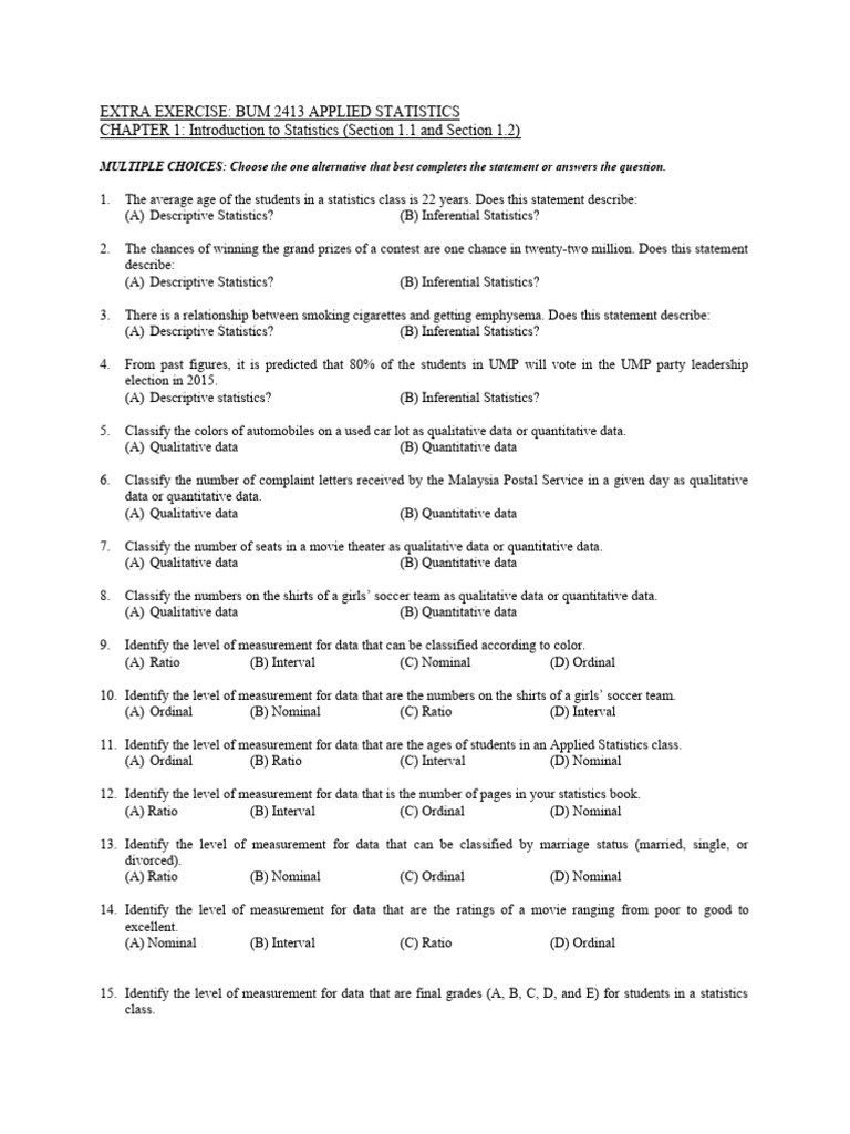 EXTRA EXERCISE - Chapter 1 (Section1.1-1.2) | PDF | Sampling (Statistics) | Level Of Measurement