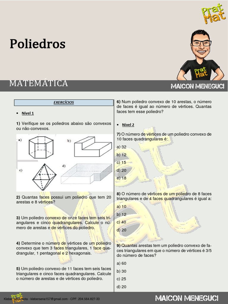 Lista de Exercícios de Poliedros 2 | PDF | Vértice (Geometria) | Triângulo