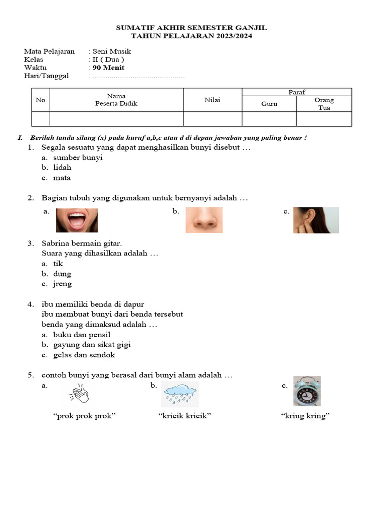 Soal Seni Musik Kelas 2 (Kurmer) | PDF