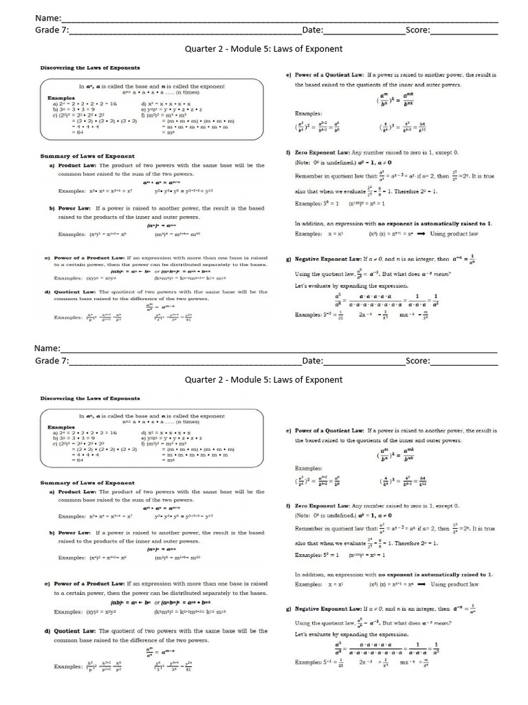 Grade 7 Exponents Module 5 Exercises | PDF | Career & Growth