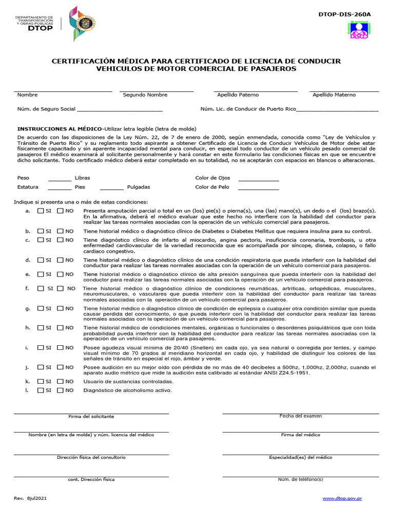 DTOP-DIS-260A Certificacion Medica para Cert de Lic de Cond de Motor ...