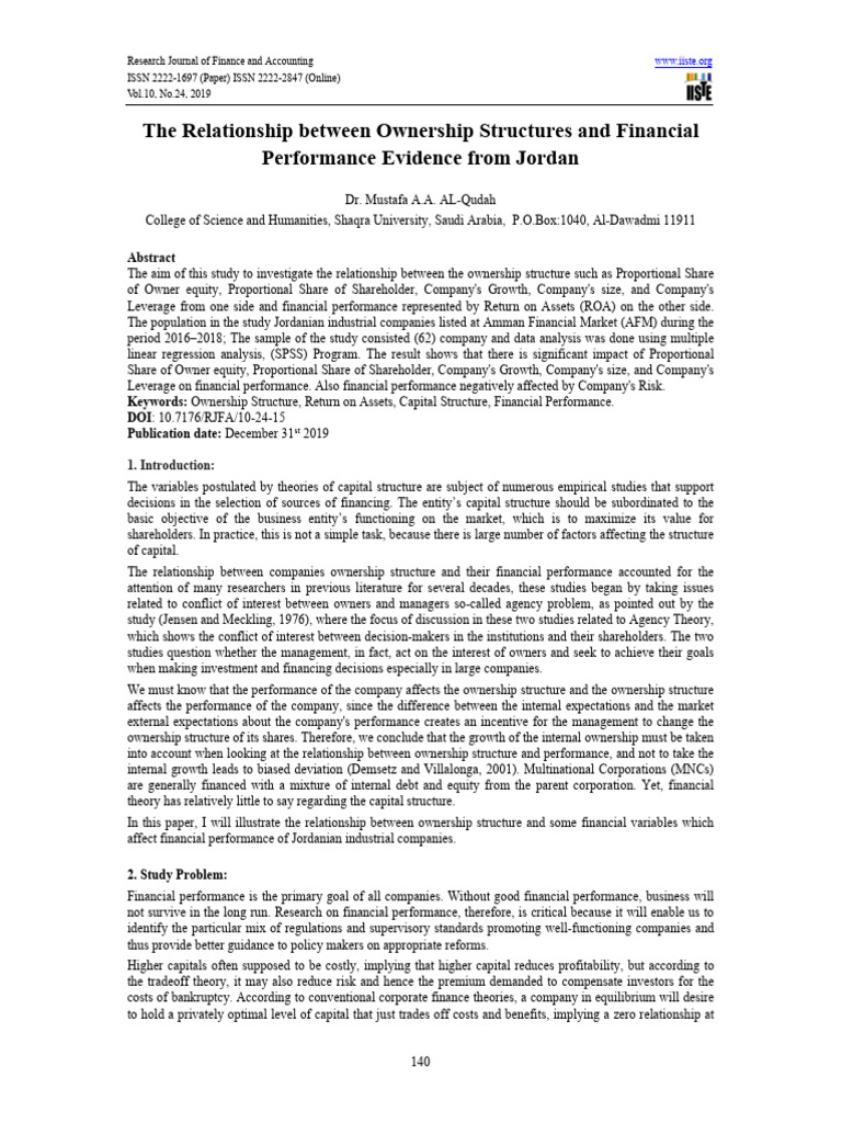 The Relationship Between Ownership Structures and Financial Performance Evidence From Jordan ...