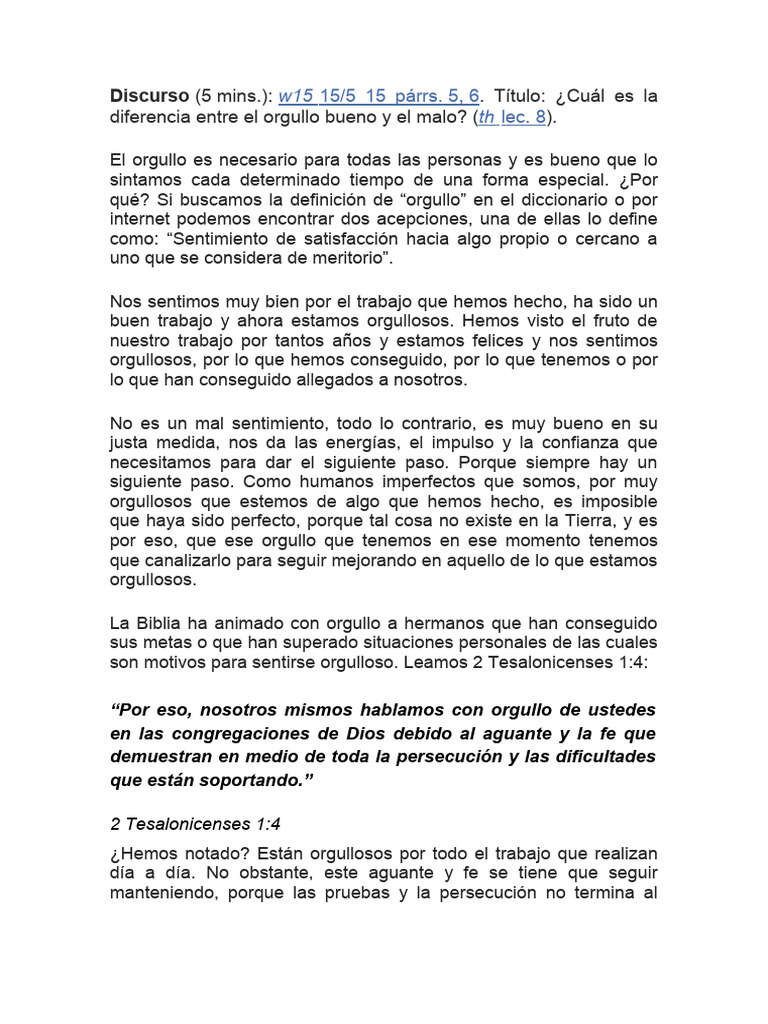 Discurso Cual Es La Diferencia Entre El Orgullo Bueno y Malo 1 | PDF ...