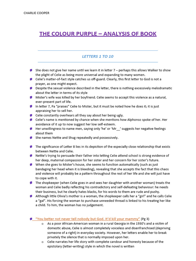 The Colour Purple: Celie's Letters Analysis | PDF | Violence | Love