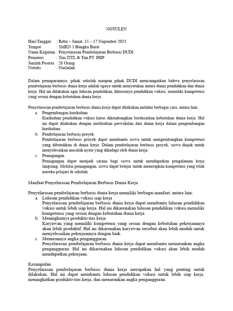 Notulen Penyelarasan Pembelajaran Berbasis DUDI | PDF