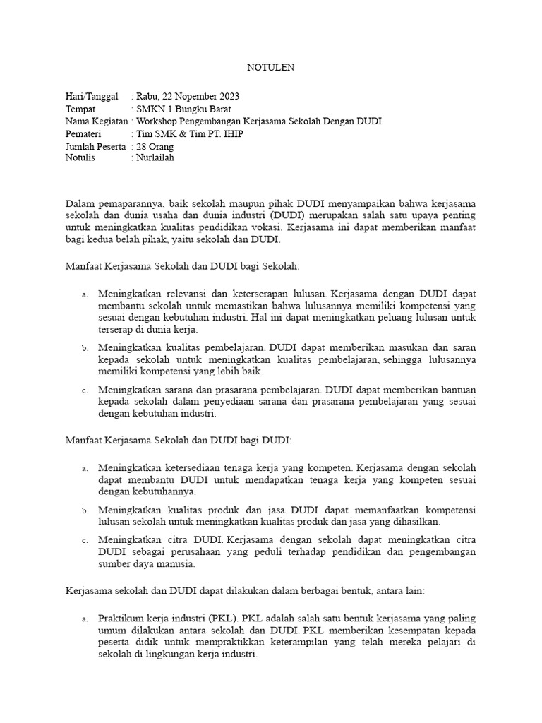 Notulen Pengembangan Kerjasama Sekolah & DUDI | PDF