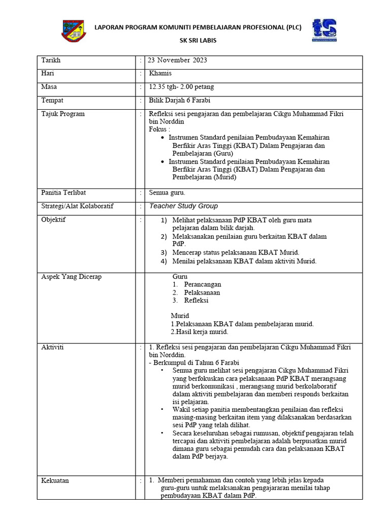 Laporan PLC 23 Nov 2023 - Panitia Sejarah | PDF