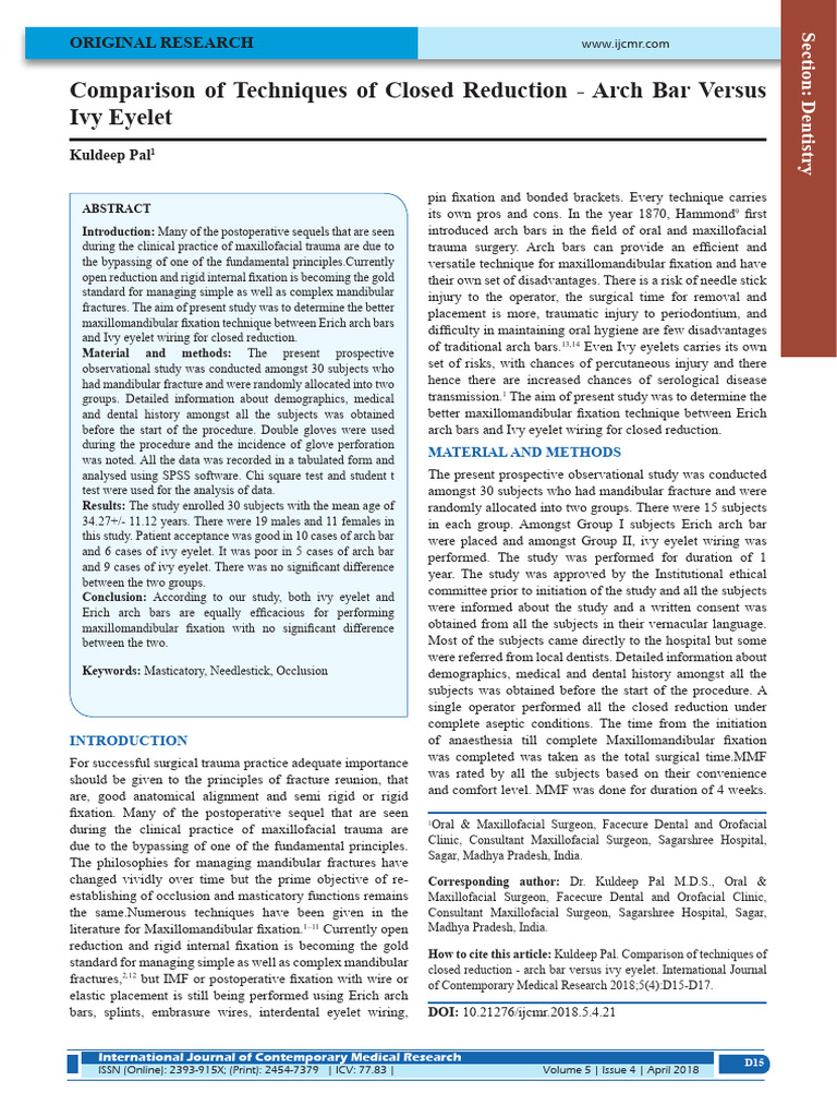 Comparison of Techniques of Closed Reduction - Arch Bar Versus | PDF ...