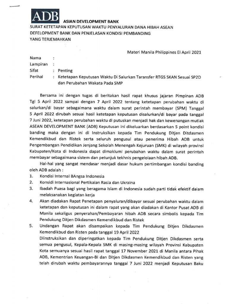 Perubahan Jadwal Penyaluran Hibah ADB | PDF