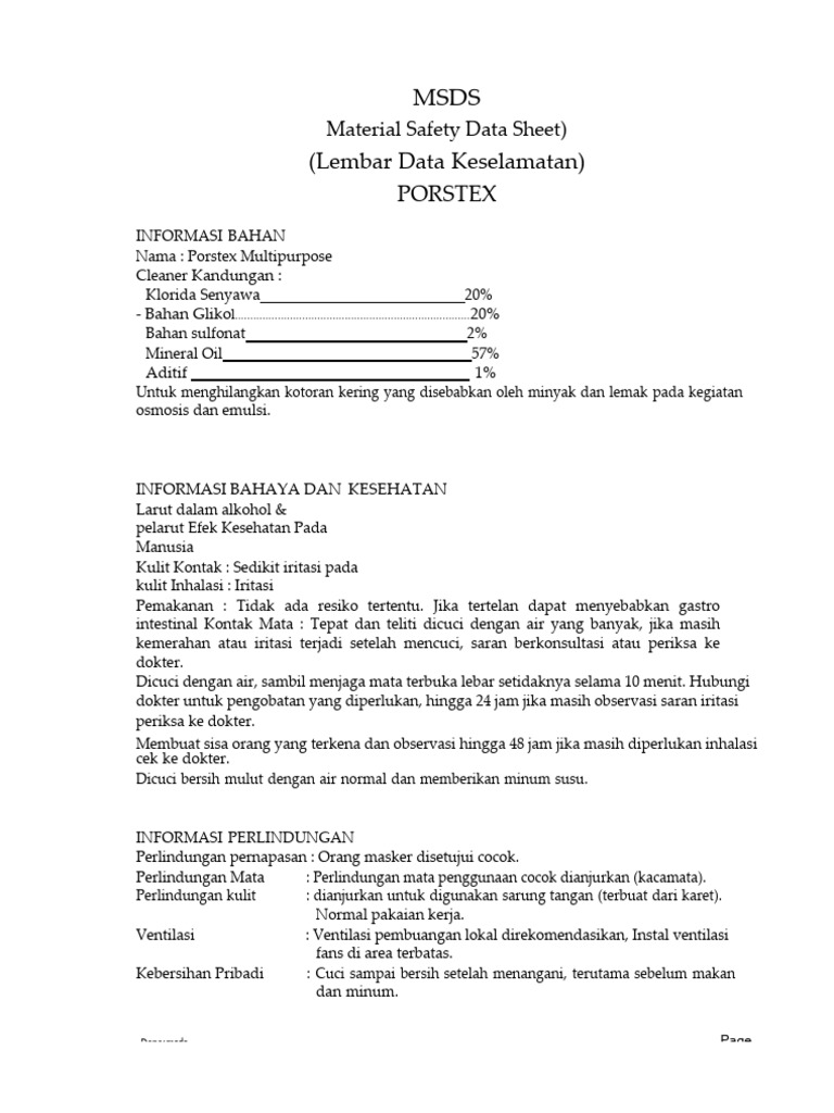 PDF Msds Lembar Data Keselamatan Porstex Material Safety Data Sheet ...