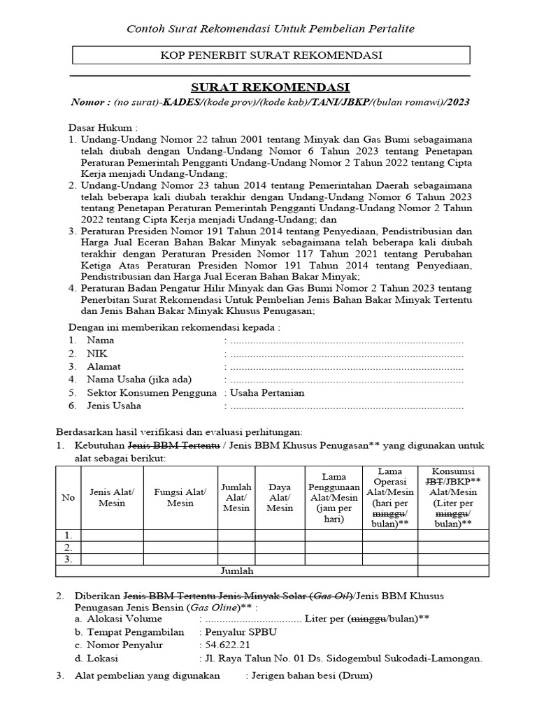 Contoh Surat Rekomendasi Pertalite (JBKP) | PDF