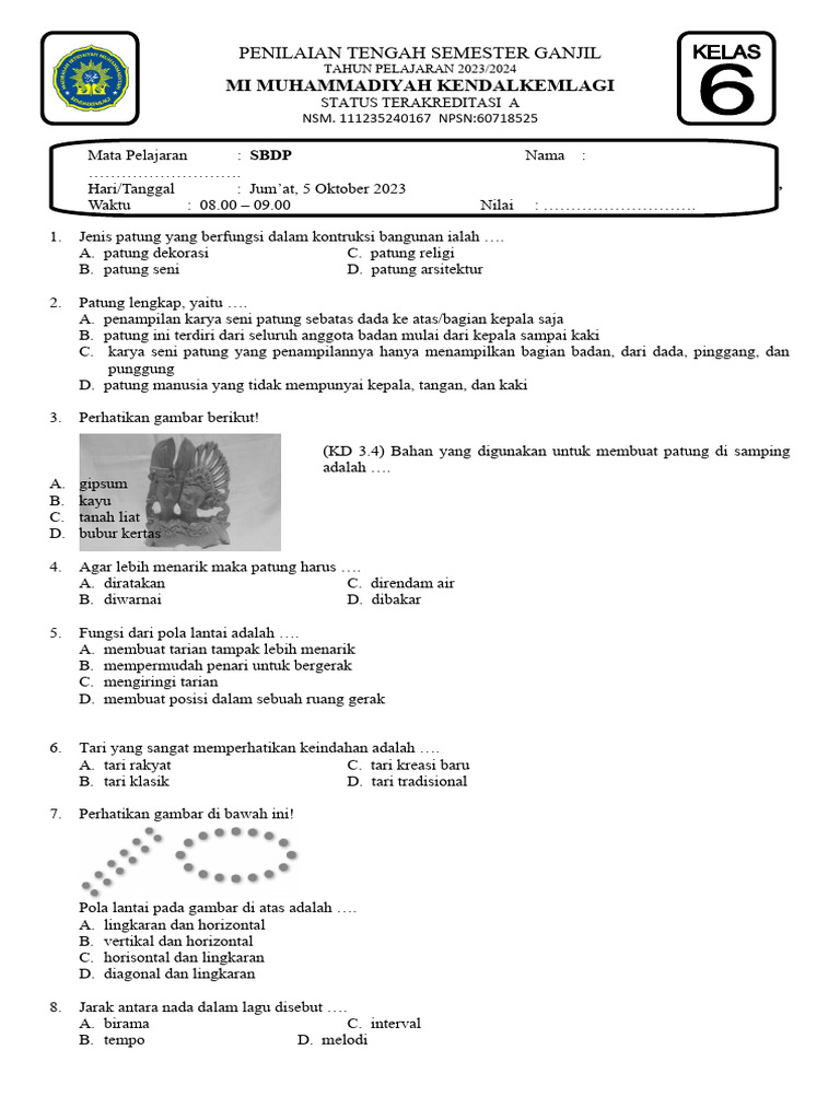 Soal PTS SBDP Kelas 6 Semester Ganjil 2023-2024 | PDF