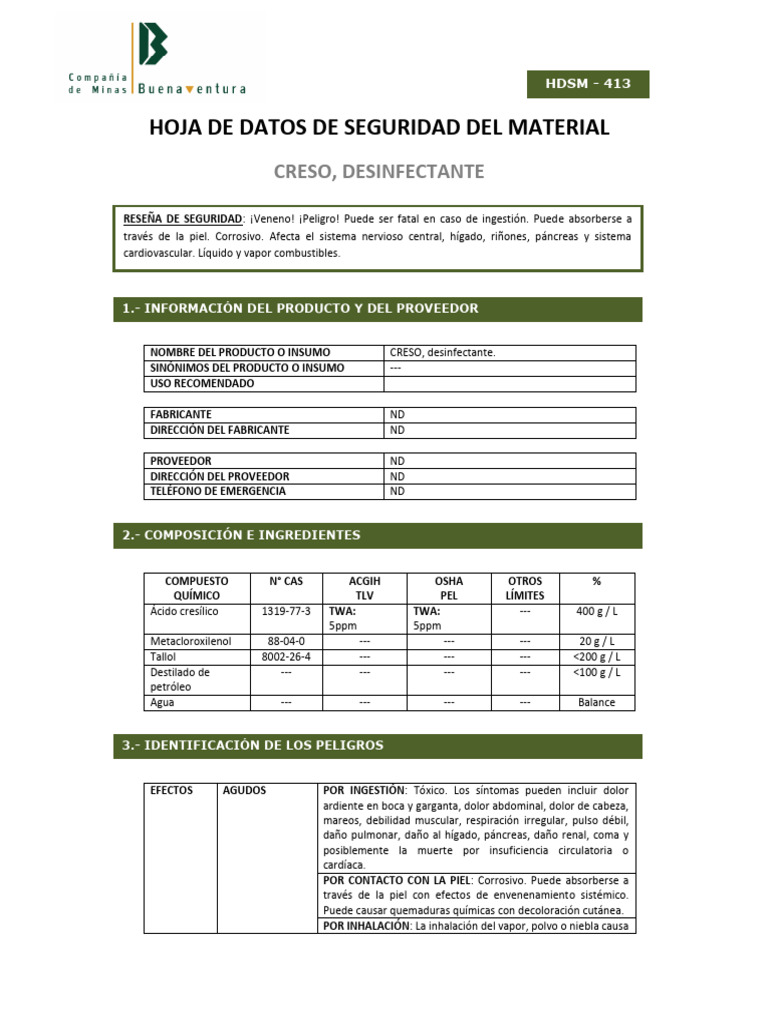 HDSM - 413 - Creso, Desinfectante | PDF | Sustancias químicas | Química
