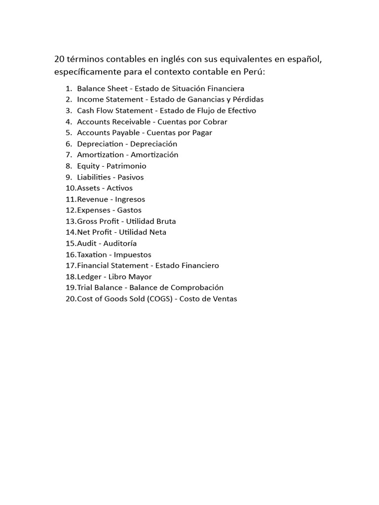 20 Términos Contables en Inglés Con Sus Equivalentes en Español | PDF