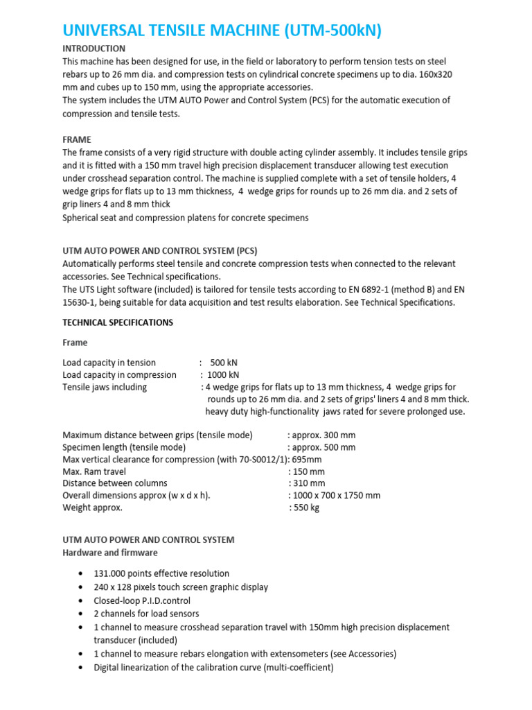 UNIVERSAL TENSILE MACHINE (UTM-500kN-100kN) | PDF | Applied And Interdisciplinary Physics ...