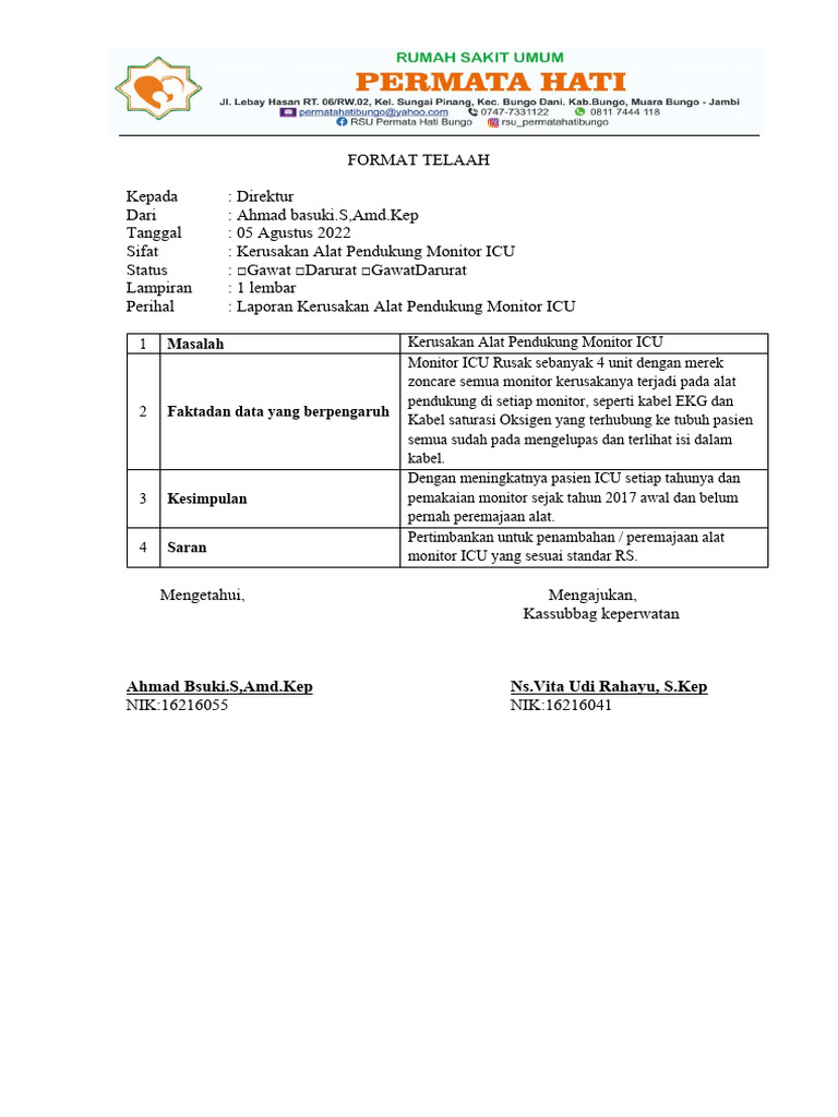 Format Telaah Ruangan Icu | PDF | Teknologi & Rekayasa