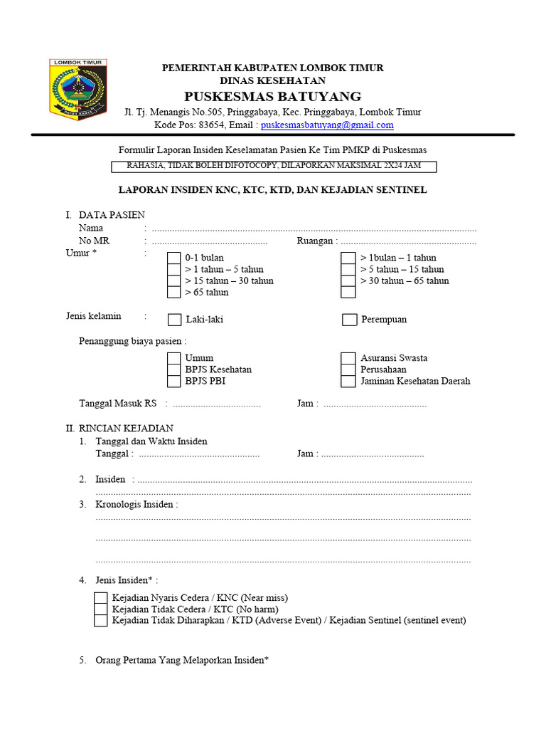 Form Laporan Insiden Keselamatan Pasien PKM Batuyang | PDF
