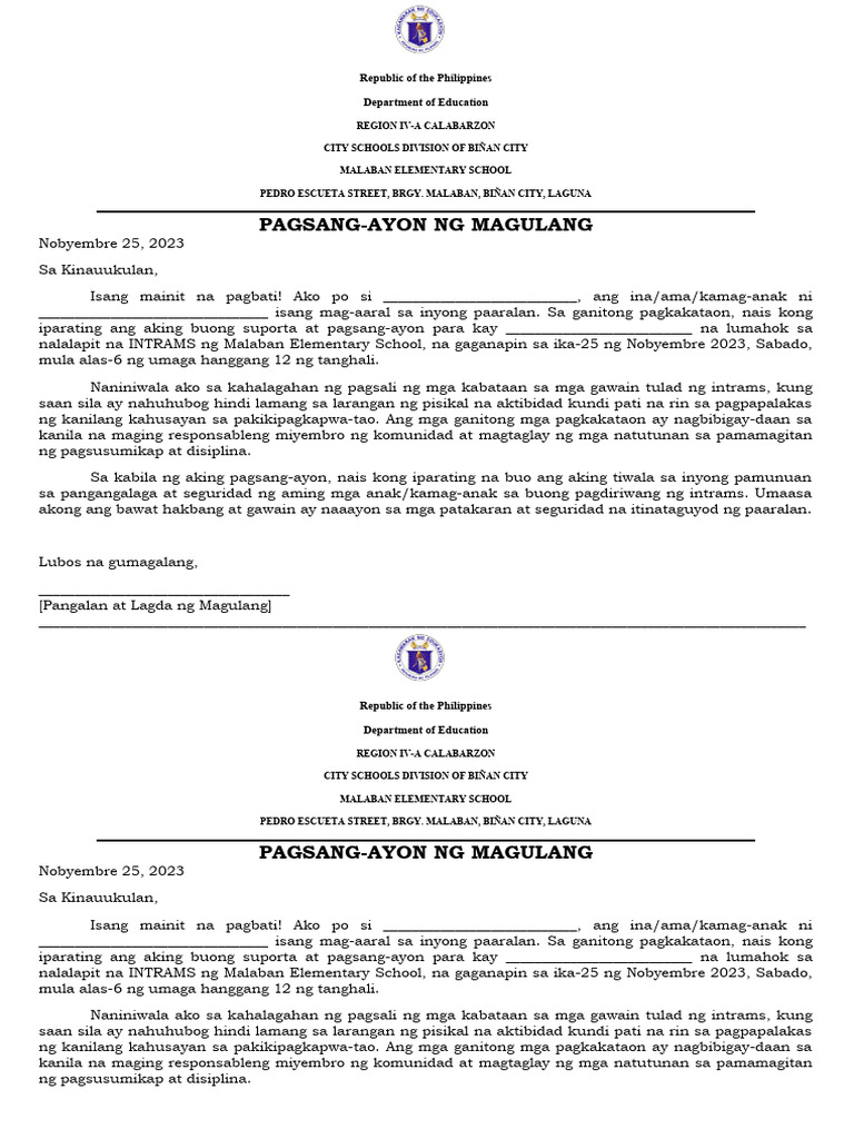 Parent Consent Intrams | PDF