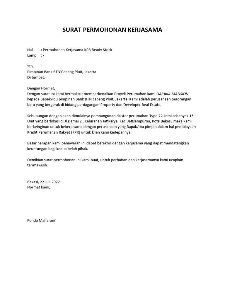 Permohonan Kerjasama KPR BTN Pluit | PDF
