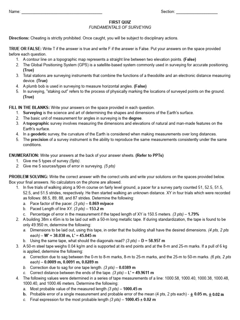 Surveying Fundamentals Quiz | PDF | Surveying | Geodesy