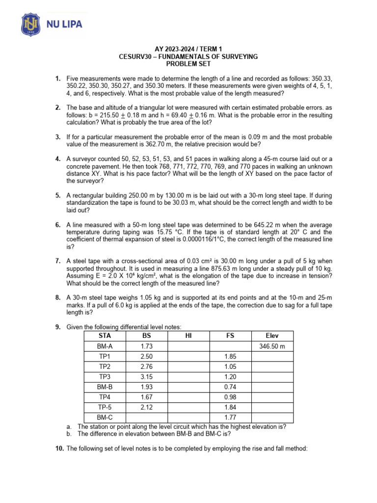 Pset 1 - Fundamentals of Surveying | PDF | Surveying | Measurement