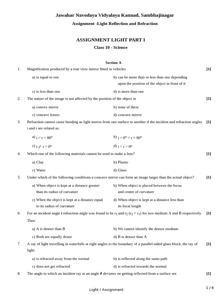 Light Part 1 Assignment | PDF | Optics | Glass Engineering And Science