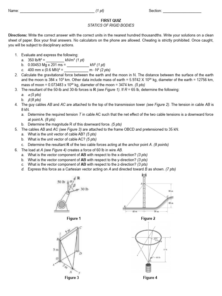 Statics of Rigid Bodies Quiz | PDF | Force | Euclidean Vector