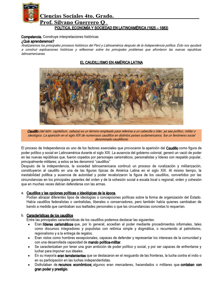 América Latina (1825-1883) Caudillismo en América Latina. El Primer ...