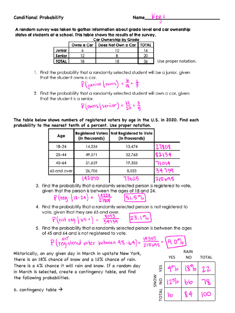 Honors Geom Unit 9 Day 3 HW Conditional Prob KEY | PDF | Mathematics