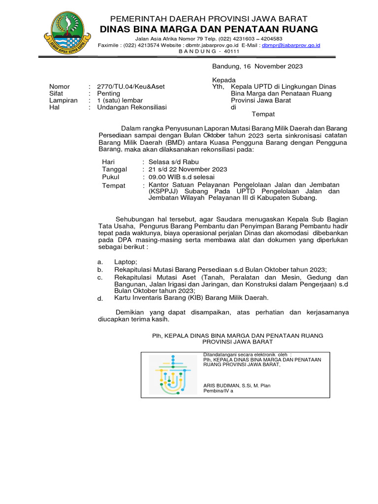 Surat Undangan Rekon Catatan BMD Dan Mutasi Aset SD Oktober Tahun 2023 ...